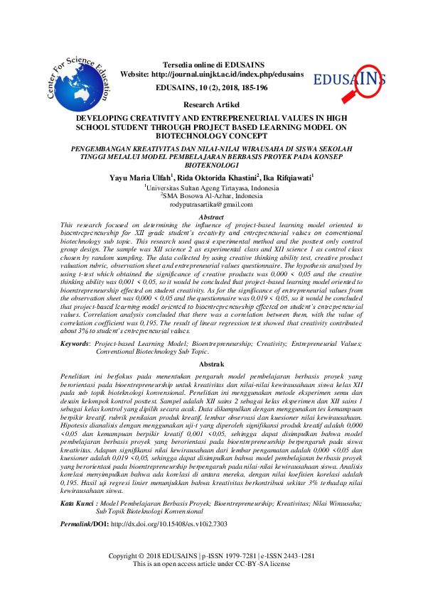 (PDF) Developing Creativity and Entrepreneurial Values in High School Student through Project ...