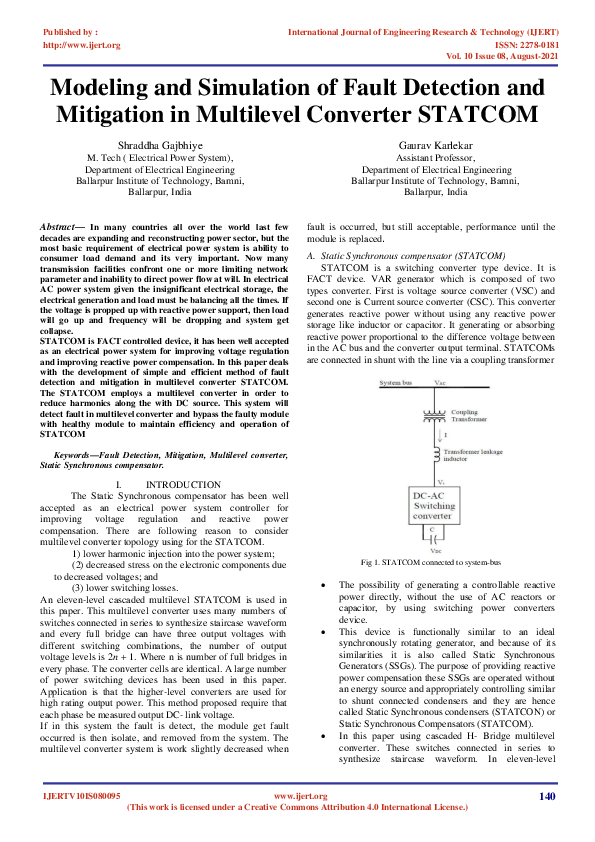Pdf Ijert Modeling And Simulation Of Fault Detection And Mitigation In Multilevel Converter