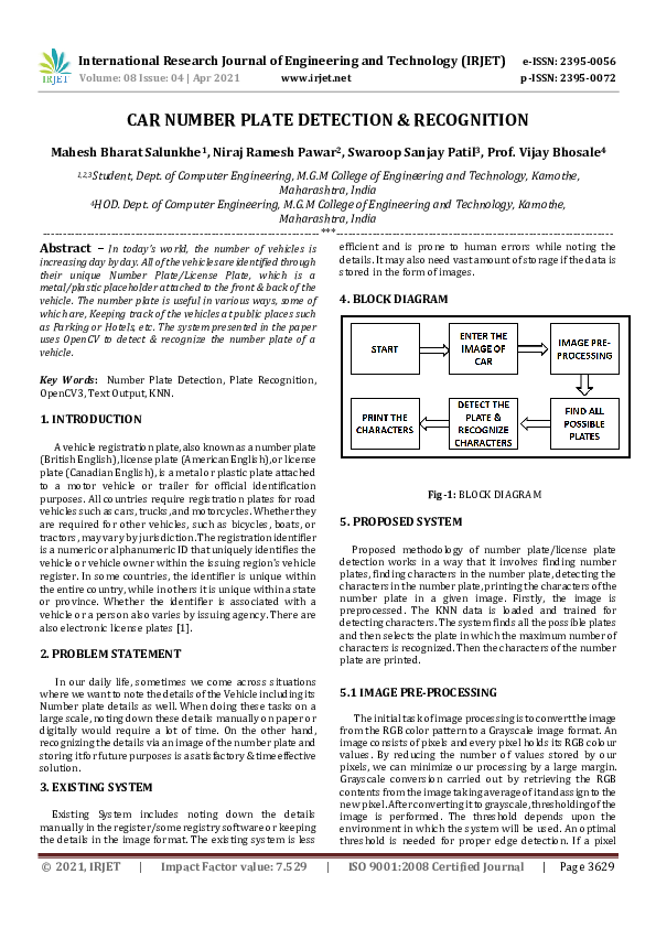 (PDF) CAR NUMBER PLATE DETECTION & RECOGNITION