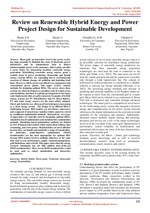 (PDF) IJERT-Review on Renewable Hybrid Energy and Power Project Design for Sustainable Development