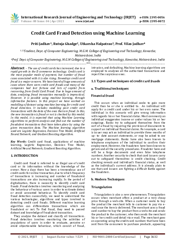 Pdf Irjet Credit Card Fraud Detection Using Machine Learning