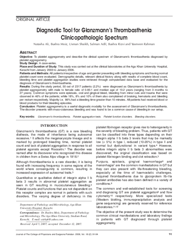 (PDF) Diagnostic tool for Glanzmann's thrombasthenia clinicopathologic ...