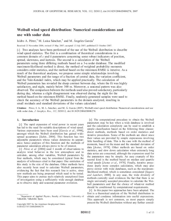 (PDF) Weibull wind speed distribution: Numerical considerations and use with sodar data