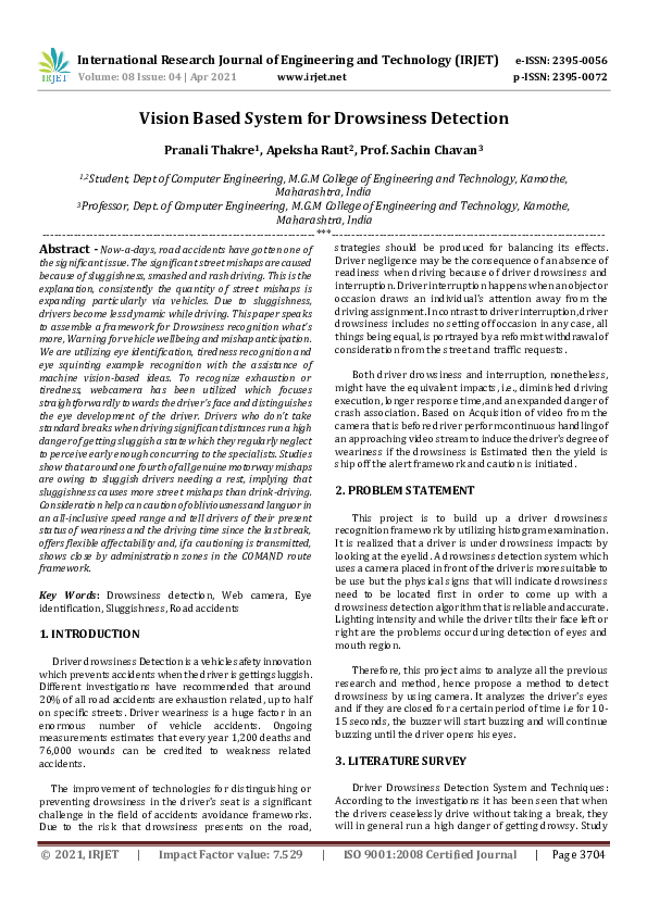 Pdf Irjet Vision Based System For Drowsiness Detection