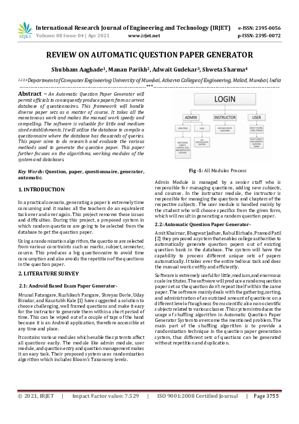 (PDF) IRJET- REVIEW ON AUTOMATIC QUESTION PAPER GENERATOR