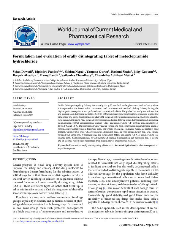 Pdf Formulation And Evaluation Of Orally Disintegrating Tablet Of Metoclopramide Hydrochloride