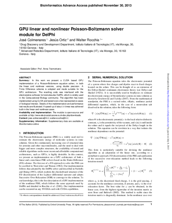 Pdf Gpu Linear And Non Linear Poisson Boltzmann Solver Module For Delphi