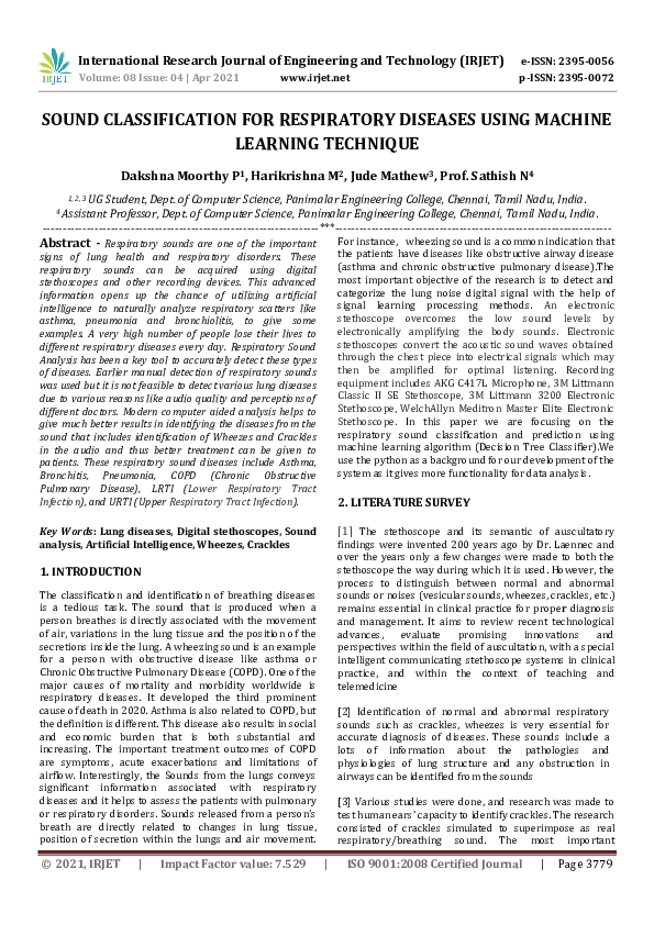 (PDF) SOUND CLASSIFICATION FOR RESPIRATORY DISEASES USING MACHINE ...