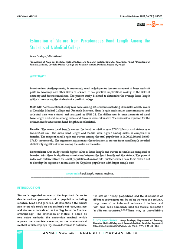 (PDF) Estimation of Stature from Percutaneous Hand Length Among the ...