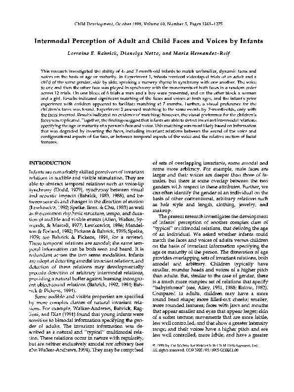 (PDF) Intermodal perception of adult and child faces and voices by infants