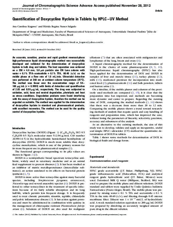 Pdf Quantification Of Doxycycline Hyclate In Tablets By Hplc Uv Method