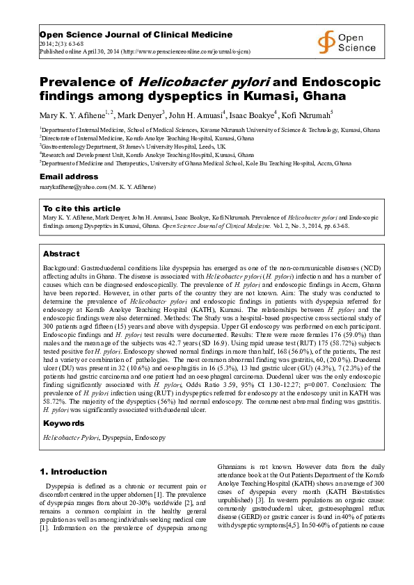 (PDF) Prevalence of Helicobacter pylori and Endoscopic findings among dyspeptics in Kumasi, Ghana