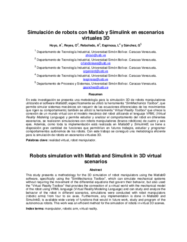 Pdf Simulación De Robots Con Matlab Y Simulink En Escenarios Virtuales 3d