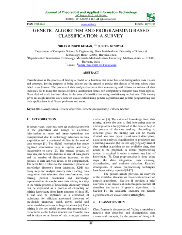 Pdf Genetic Algorithm And Programming Based Classification A Survey