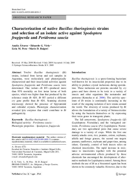 (PDF) Characterization of native Bacillus thuringiensis strains and selection of an isolate ...