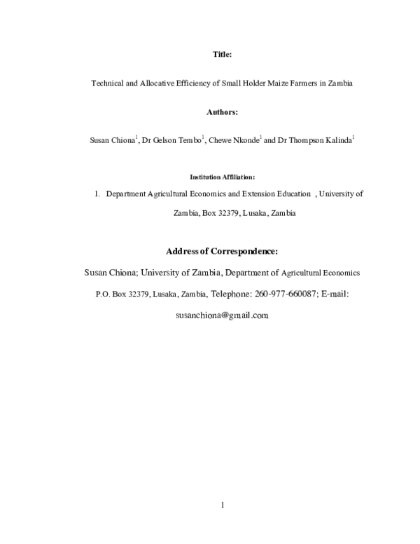 (PDF) Title: Technical and Allocative Efficiency of Small Holder Maize Farmers in Zambia Authors ...