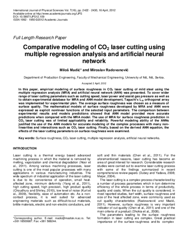 Pdf Comparative Modeling Of Co2 Laser Cutting Using Multiple Regression Analysis And