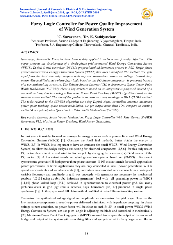 Pdf Fuzzy Logic Controller For Power Quality Improvement Of Wind Generation System
