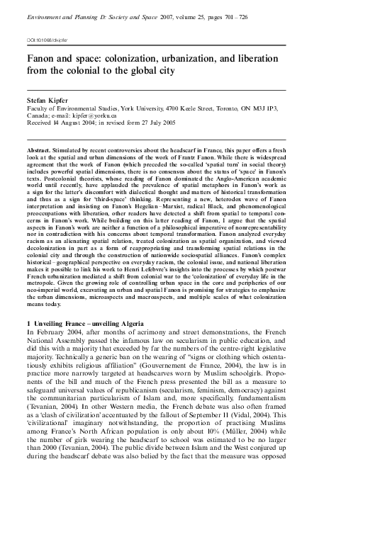 (PDF) Fanon and space: colonization, urbanization, and liberation from ...