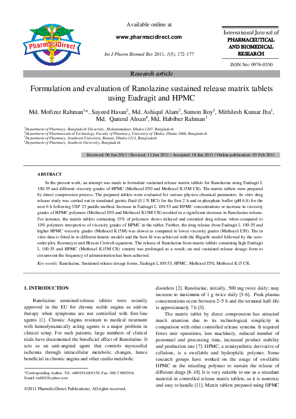 Pdf Formulation And Evaluation Of Ranolazine Sustained Release Matrix Tablets Using Eudragit