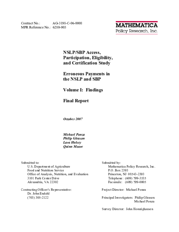 (PDF) Erroneous Payments in the NSLP and SBP. Volume I: Findings. NSLP ...