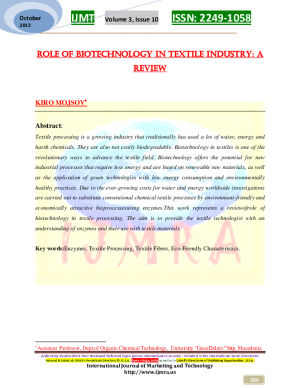 (PDF) ROLE OF BIOTECHNOLOGY IN TEXTILE INDUSTRY: A REVIEW