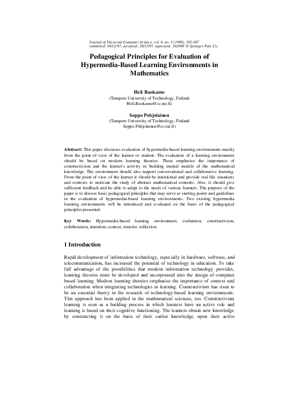Pdf Pedagogical Principles For Evaluation Of Hypermedia Based Learning Environments In Mathematics