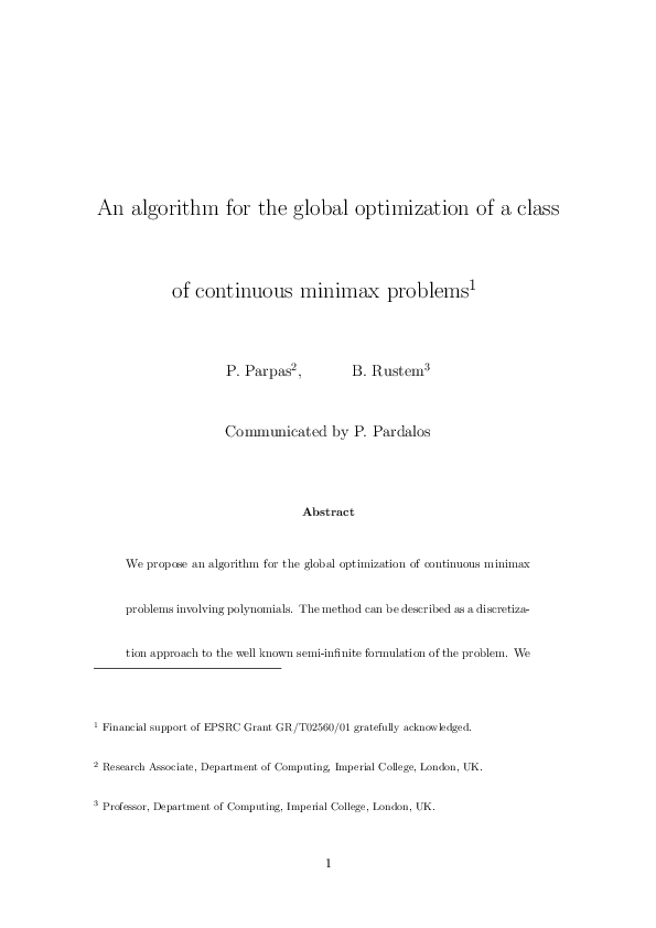 (PDF) An Algorithm for the Global Optimization of a Class of Continuous Minimax Problems