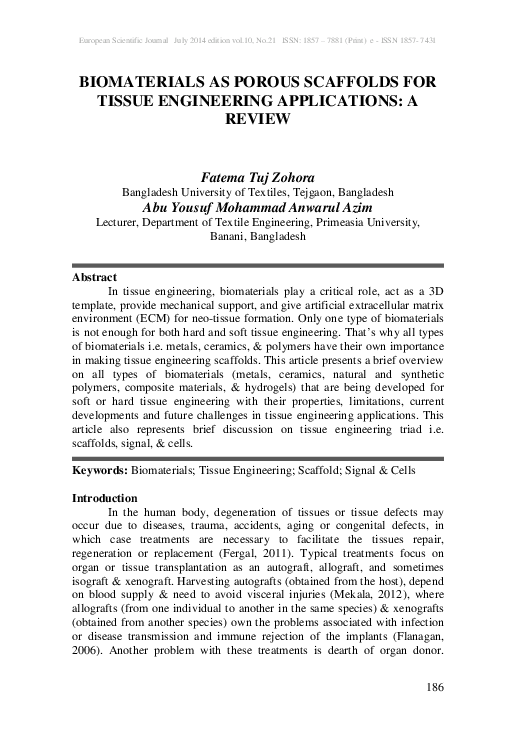 (PDF) Biomaterials as Porous Scaffolds for Tissue Engineering Applications: A Review | Fatema ...