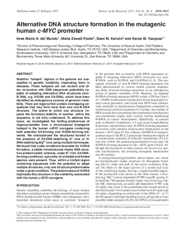 (PDF) Alternative DNA structure formation in the mutagenic human c-MYC ...