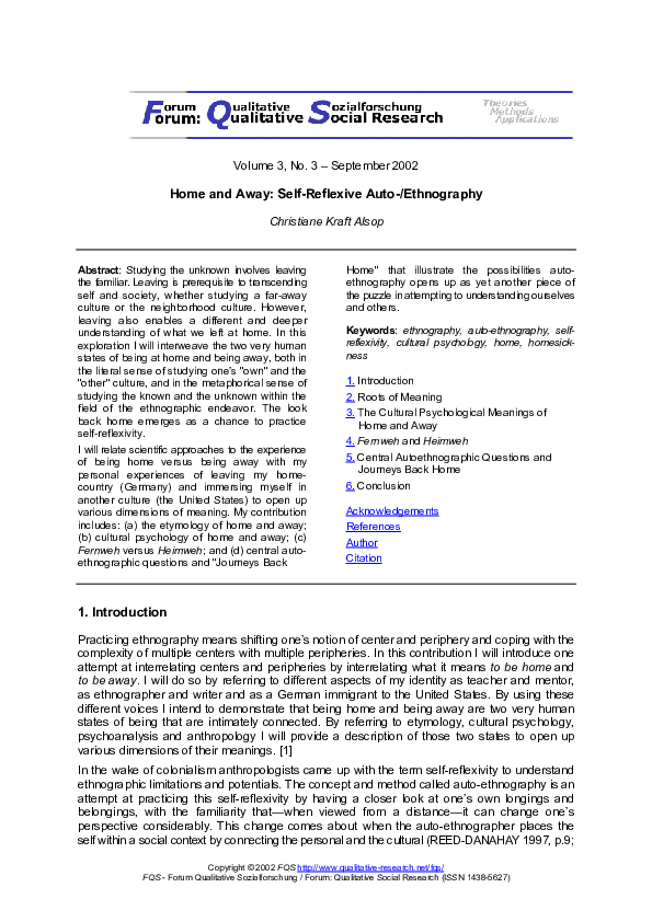 (PDF) Home and Away: Self-Reflexive Auto/Ethnography