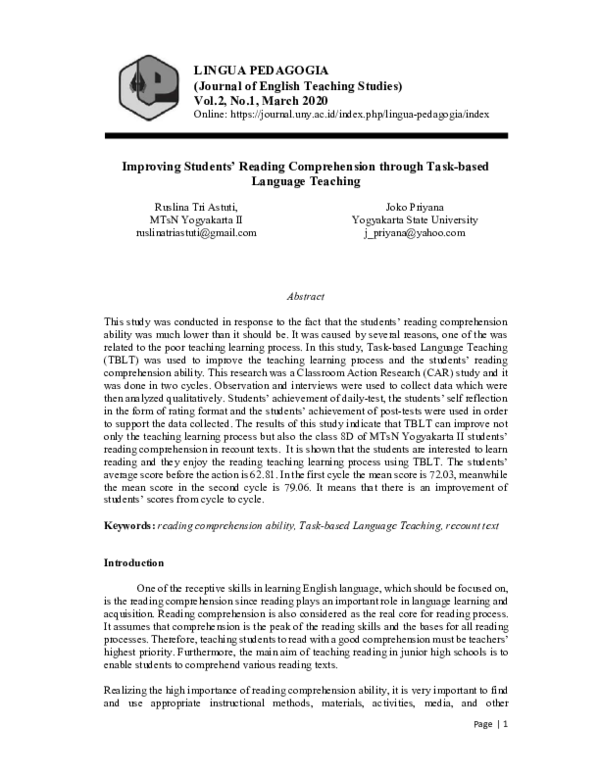 (PDF) Improving students’ reading comprehension ability using task based language teaching