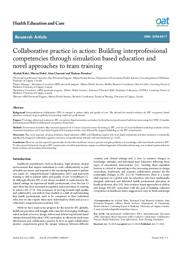 (PDF) Collaborative practice in action: Building interprofessional competencies through ...