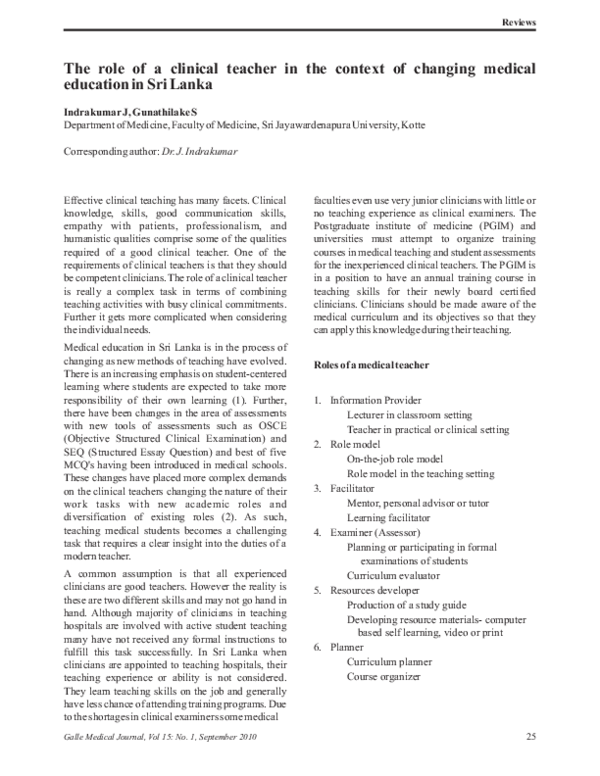 (PDF) The role of a clinical teacher in the context of changing medical ...