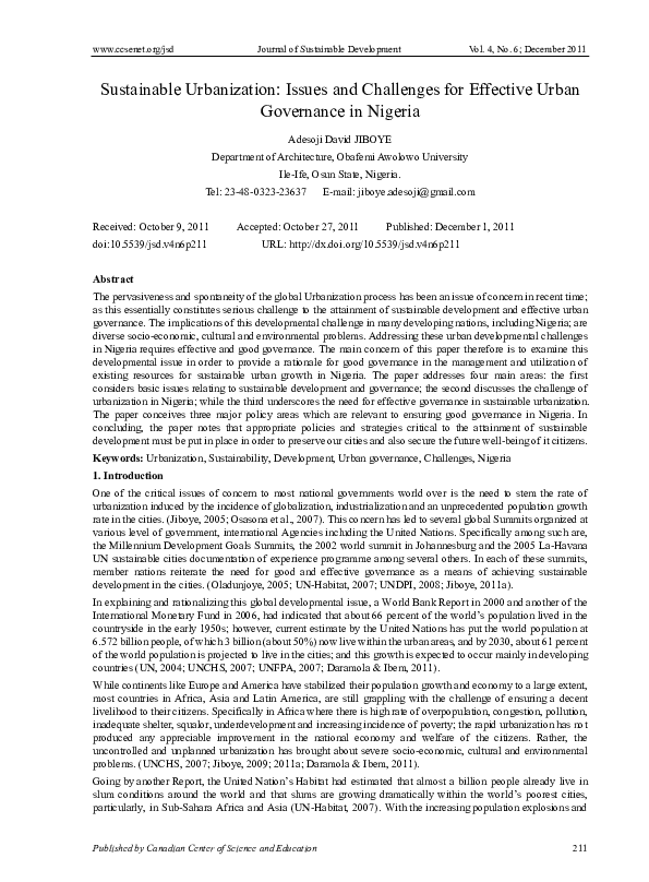 (PDF) Sustainable Urbanization: Issues and Challenges for Effective ...