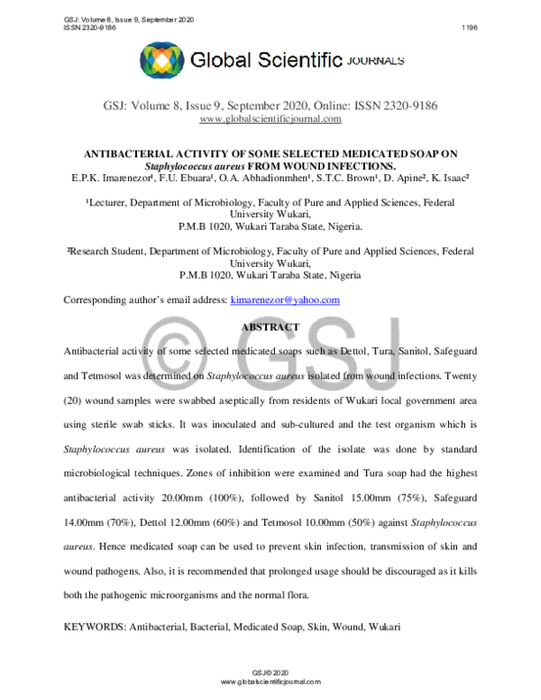 (PDF) ANTIBACTERIAL ACTIVITY OF SOME SELECTED MEDICATED SOAP ON Staphylococcus aureus FROM WOUND ...