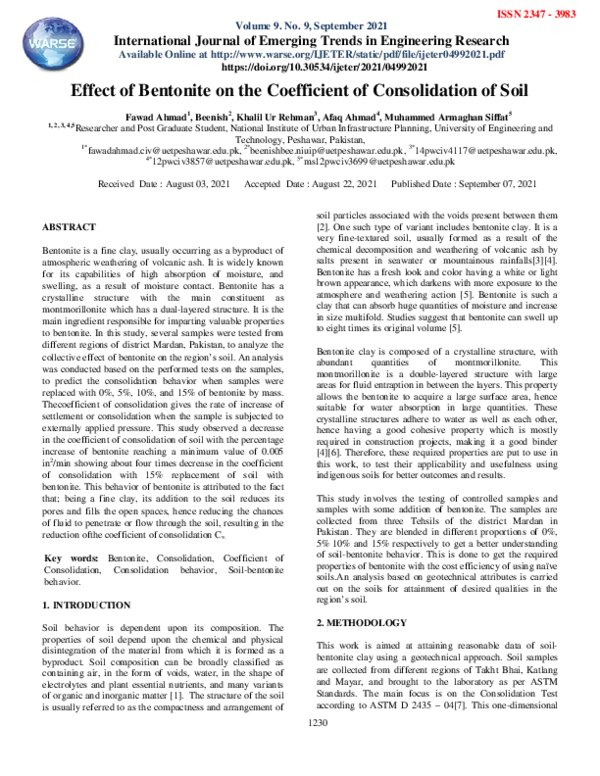 (PDF) Effect of Bentonite on the Coefficient of Consolidation of Soil | WARSE The World Academy ...