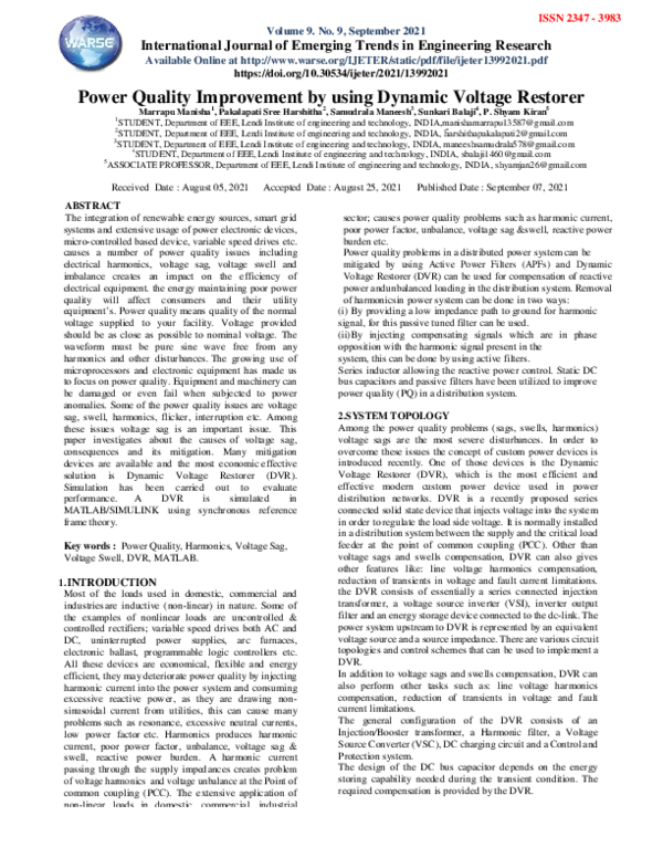 (PDF) Power Quality Improvement by using Dynamic Voltage Restorer