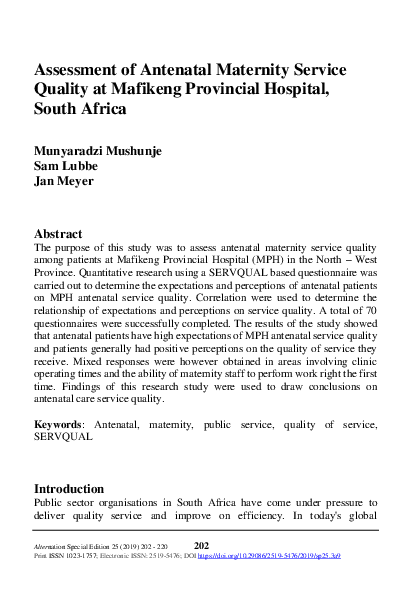 (PDF) Assessment of Antenatal Maternity Service Quality at Mafikeng ...