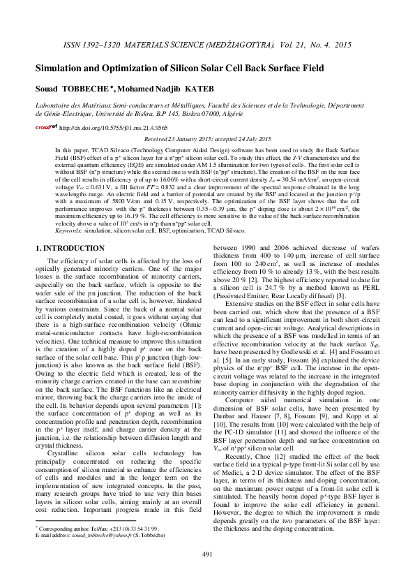 (PDF) Simulation and Optimization of Silicon Solar Cell Back Surface Field