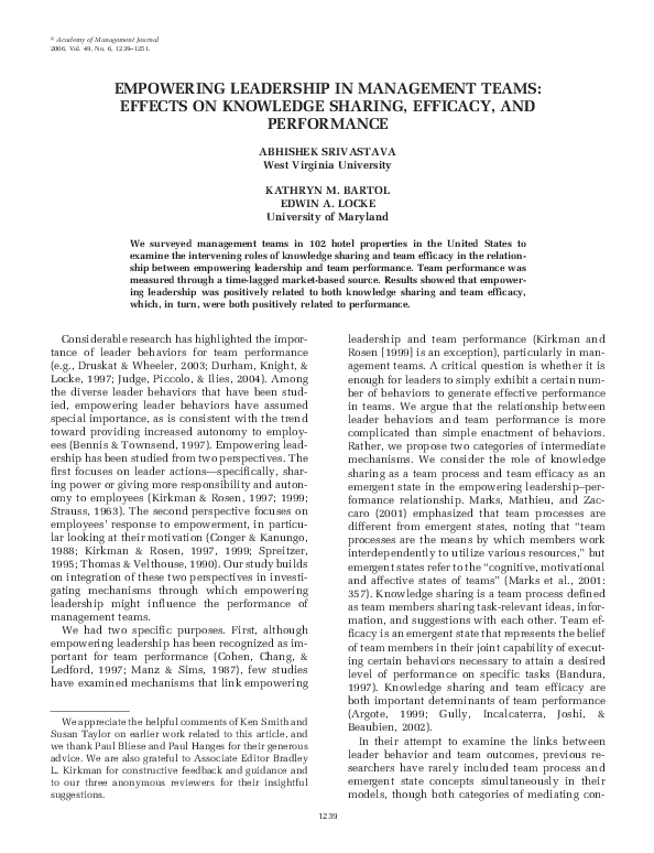 (PDF) Empowering Leadership in Management Teams: Effects on Knowledge ...