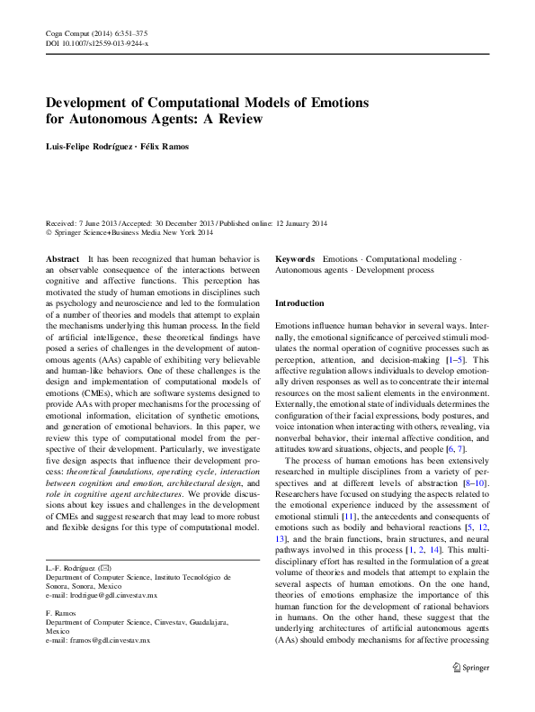 (PDF) Development of Computational Models of Emotions for Autonomous Agents: A Review