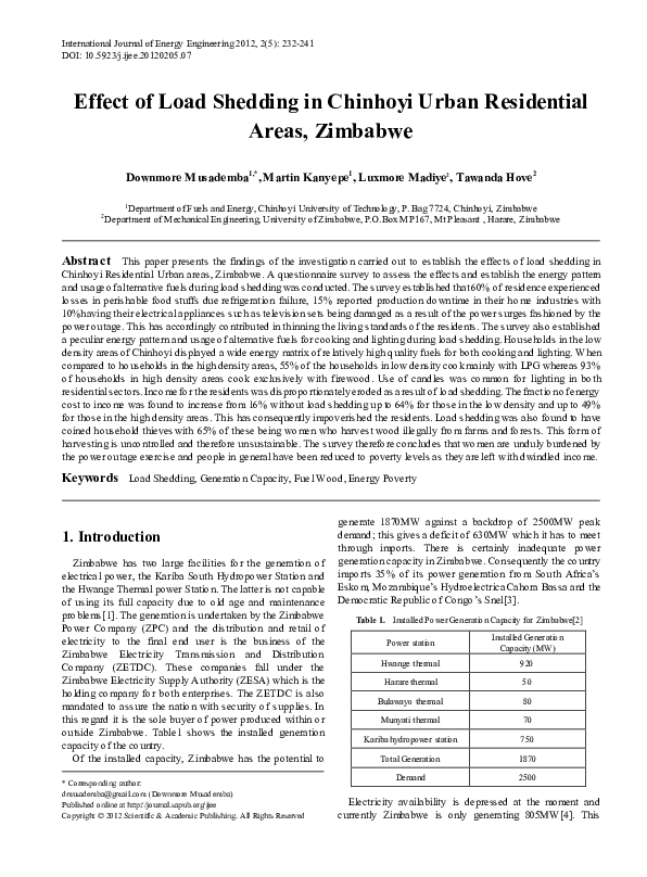 (PDF) Effect of Load Shedding in Chinhoyi Urban Residential Areas, Zimbabwe
