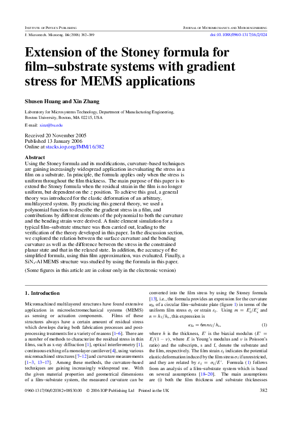 (PDF) Extension of the Stoney formula for film substrate systems with ...