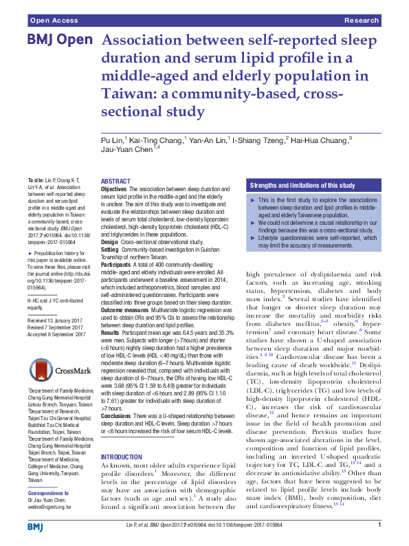 (PDF) Association between self-reported sleep duration and serum lipid profile in a middle-aged ...