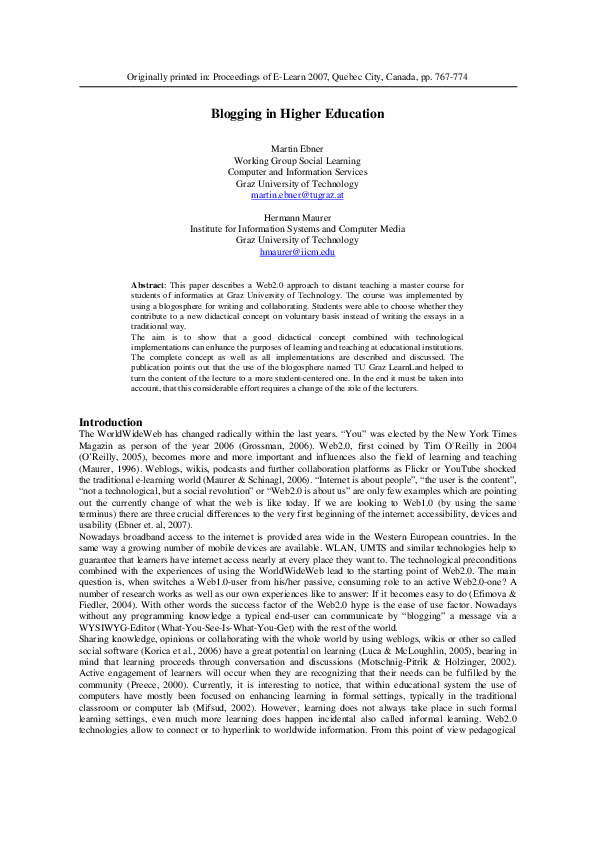 (PDF) Blogging in higher education