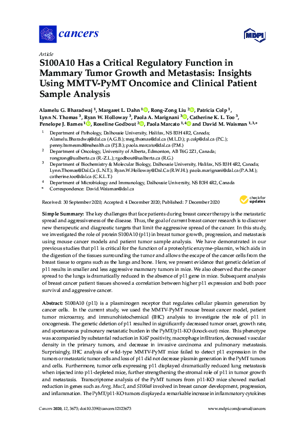 (PDF) S100A10 Has a Critical Regulatory Function in Mammary Tumor ...