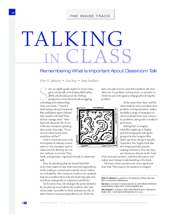 (PDF) Talking In Class: Remembering What Is Important About Classroom Talk
