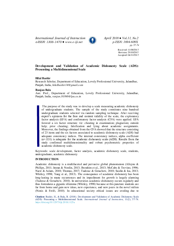 (PDF) Development and Validation of Academic Dishonesty Scale (ADS): Presenting a ...