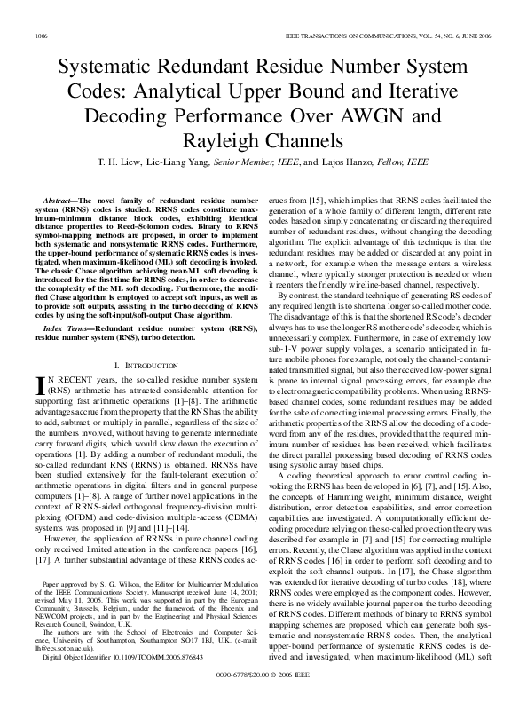 (PDF) Systematic Redundant Residue Number System Codes: Analytical Upper Bound and Iterative ...